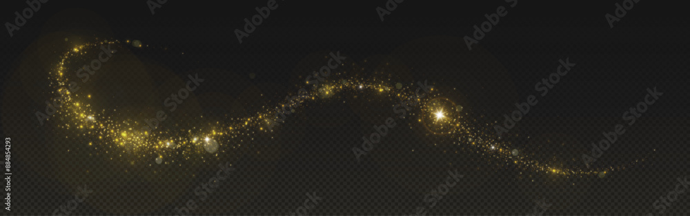 Magic gold dust trail with star shaped sparkles on dark transparent ...