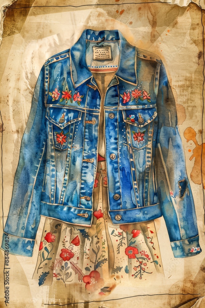 watercolor clipart of Embroidered denim jacket with A-line dress on ...