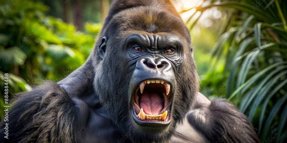 A large silverback gorilla baring its teeth in the forest, resembling ...