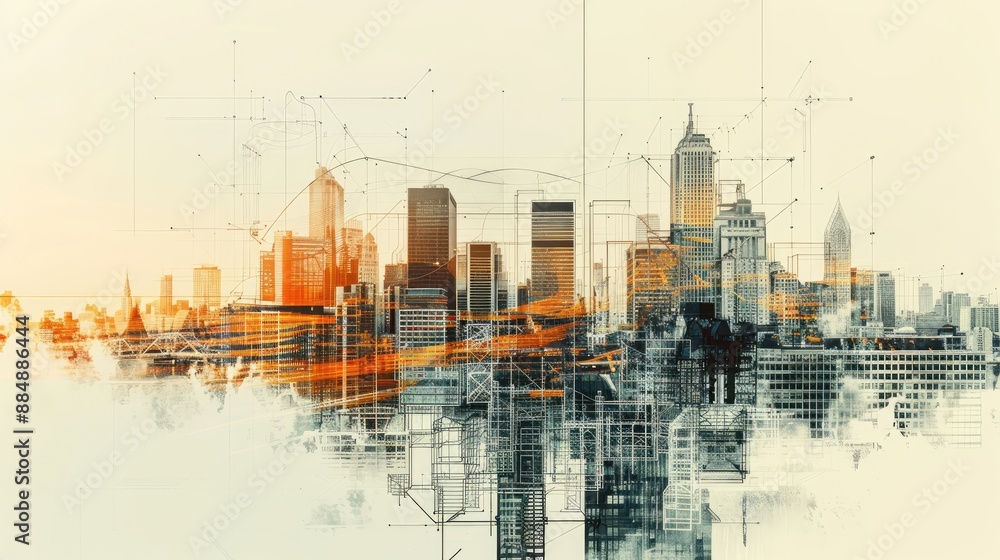 Double exposure graphic design of a business plan, merging engineering ...