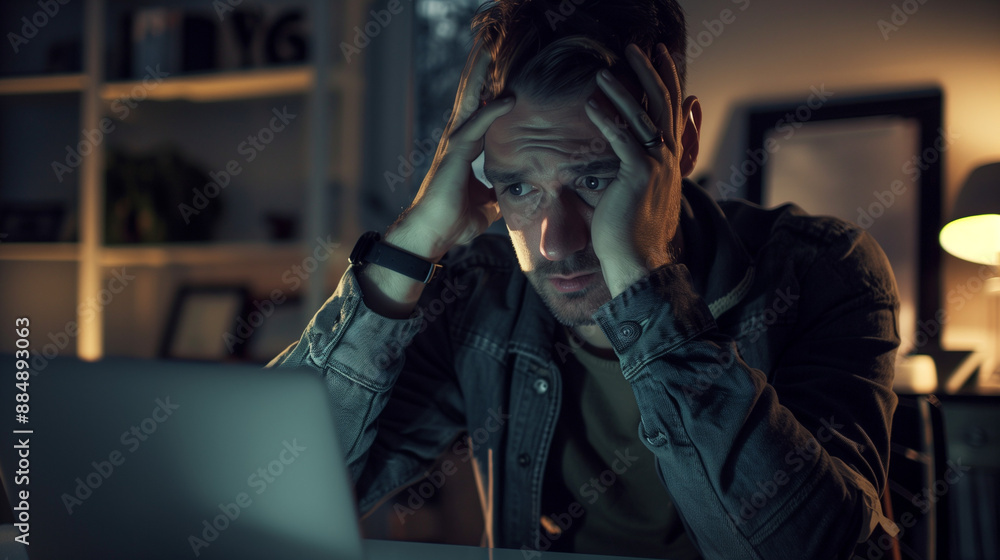 A stressed white man nervously looks at his computer or laptop in ...