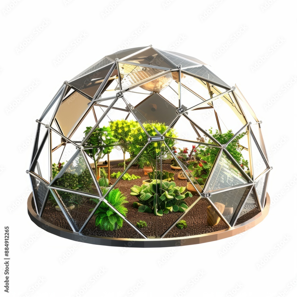 3D Render, Low Poly style of domed biodome for growing crops in space ...