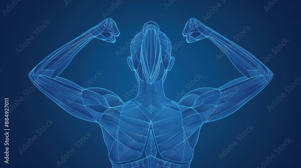 Striking vector of a wireframe bodybuilder against a blue backdrop. EPS ...