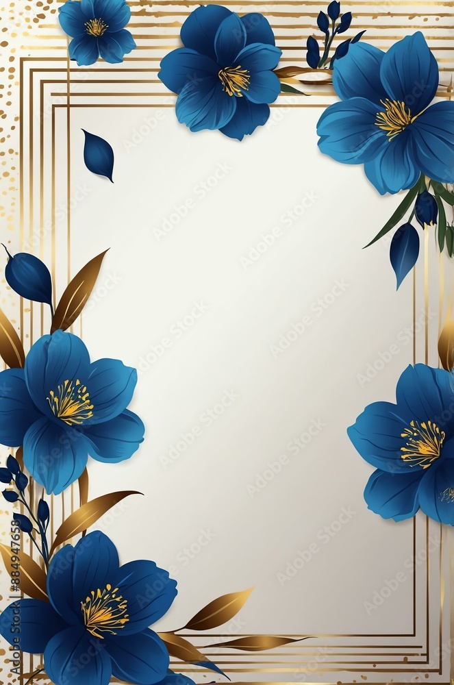 blue flowers theme border and gold background design for invitation ...