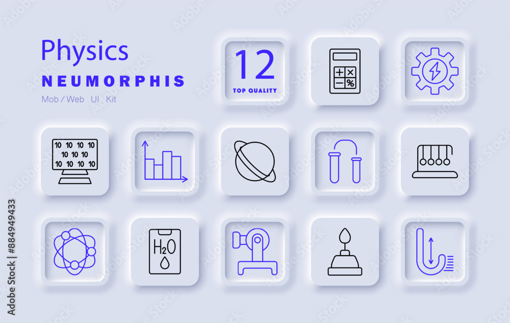 Physics set icon. Calculator, graph, planet, test tubes, atom, water ...