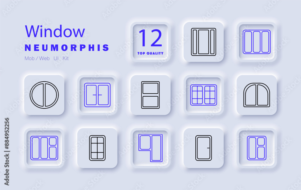 Window set icon. Circular, double pane, casement, sliding, bay, arched ...