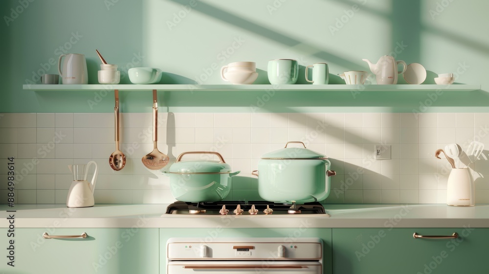 Vintage kitchen setup, with retro appliances, nostalgic color tones ...