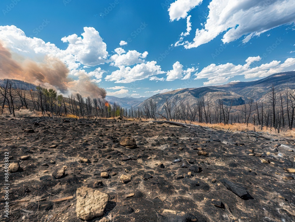 Aftermath of a wildfire in a mountainous region, showing charred ground ...
