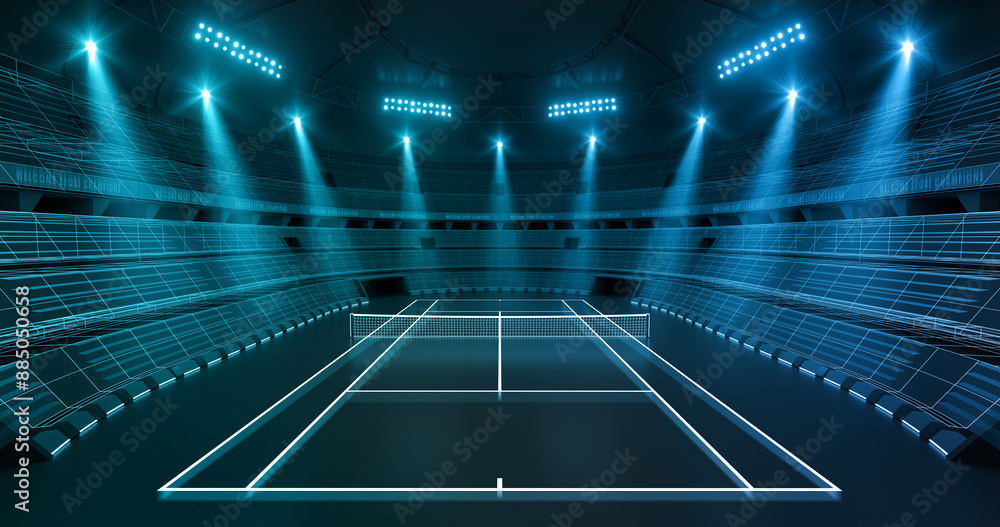 Futuristic tennis arena at night with shining spotlights and thrilling ...