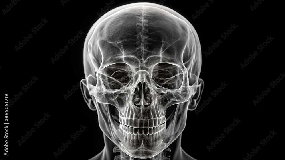 High-contrast black and white radiography scan of human skull showing ...