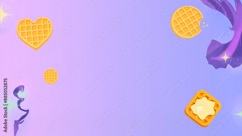 Whimsical pastel dreamscape adorned with golden waffle shapes, floating ...