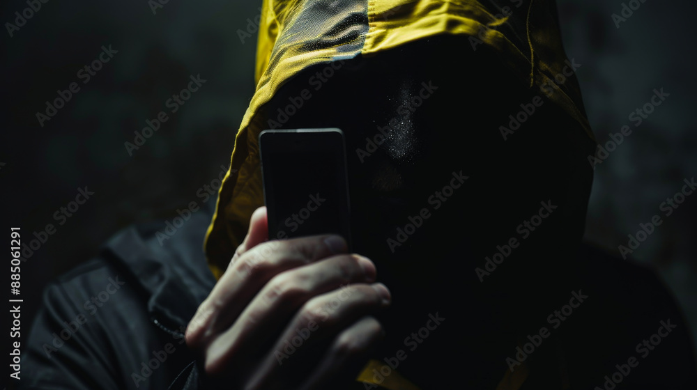 Hacker without face showing picture image in own hand, deep dark ...