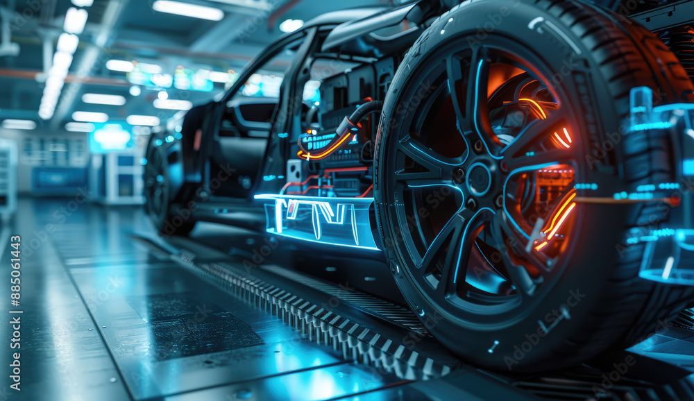 3D rendering of an electric car's motor and battery, intricate details ...