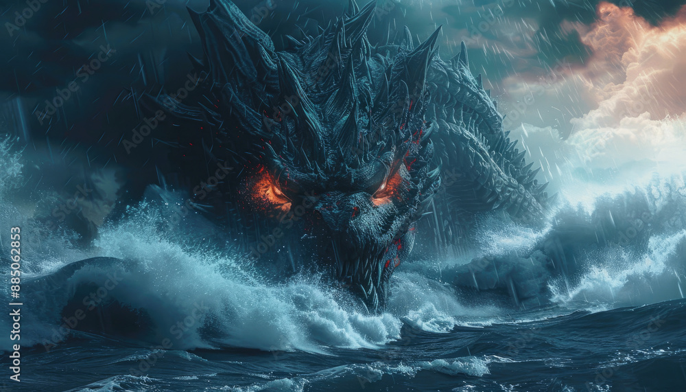 Giant sea monster emerging from stormy ocean waves, dark fantasy style ...
