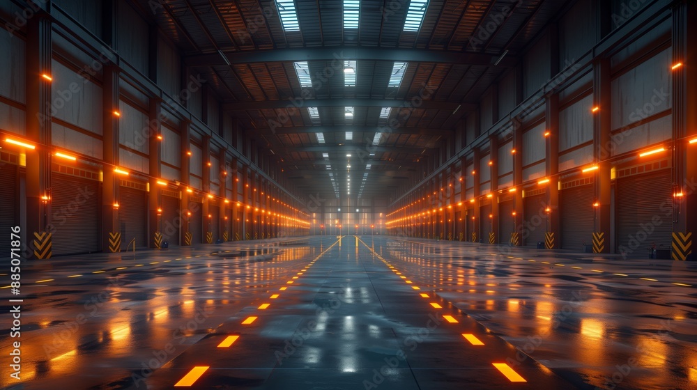 Empty Warehouse Interior with Ambient Lighting. Spacious, empty ...