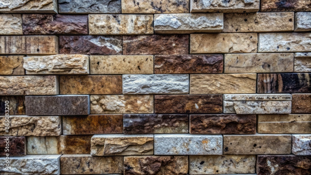Natural travertine stone wall blocks display a seamless, weathered, and ...
