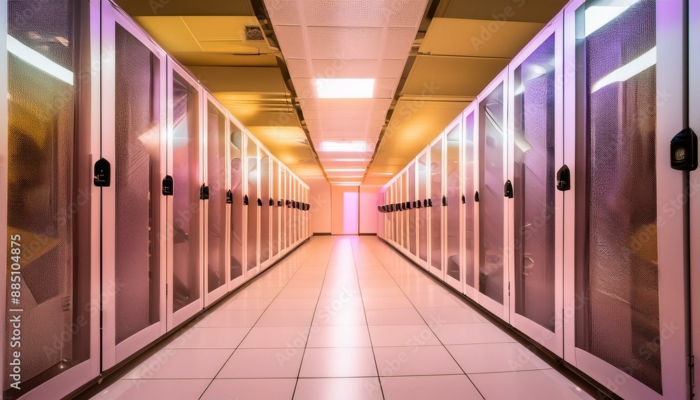 Cybersecurity data center hallway with purple lights and rows of ...