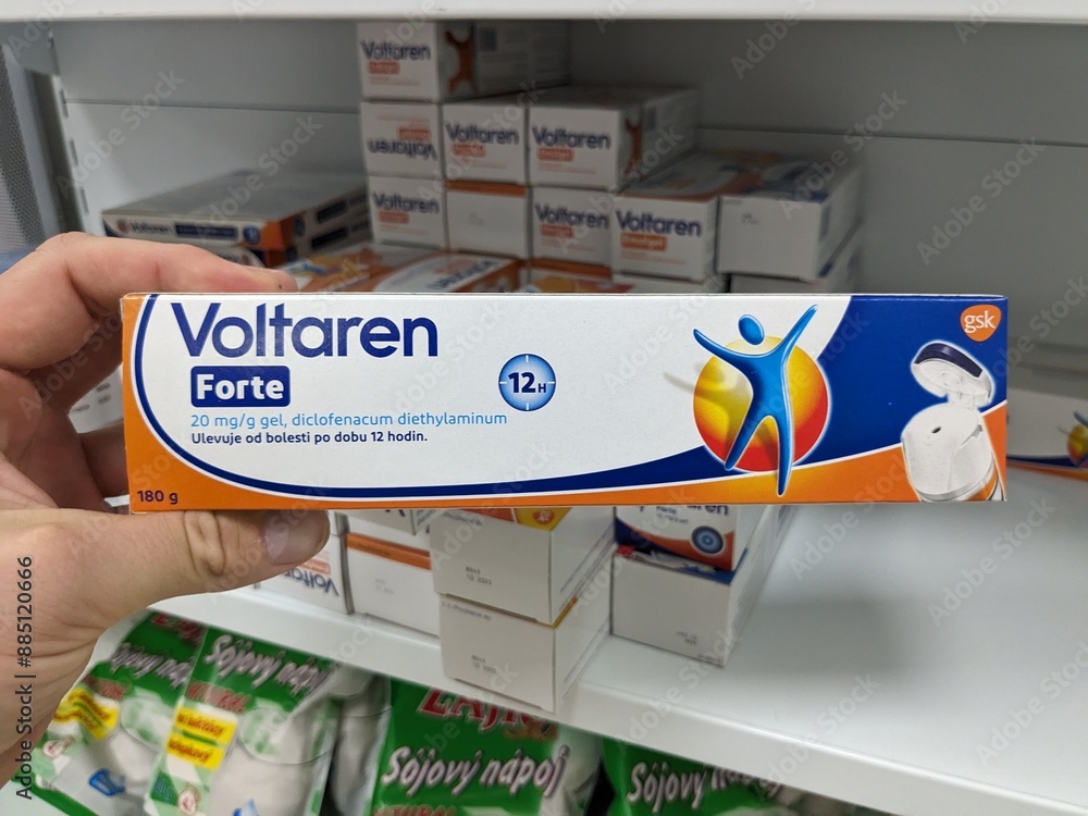 Prague, Czech Republic - July 10 2024: VOLTAREN FORTE box of medication with DICLOFENAC active ...