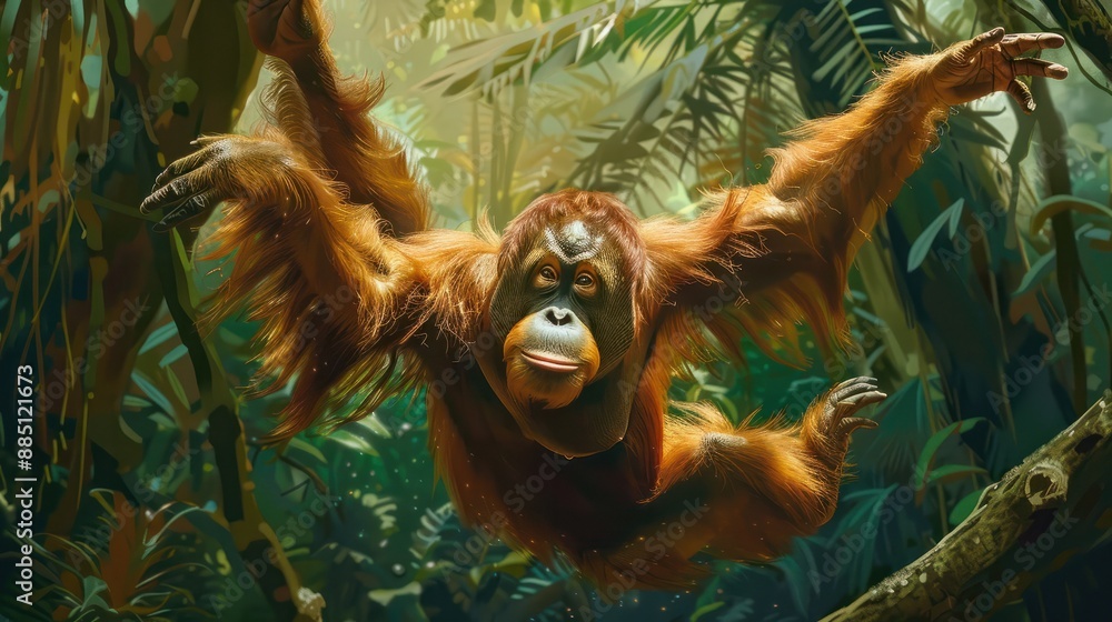 In the lush rainforests of Borneo and Sumatra, the orangutan swings ...