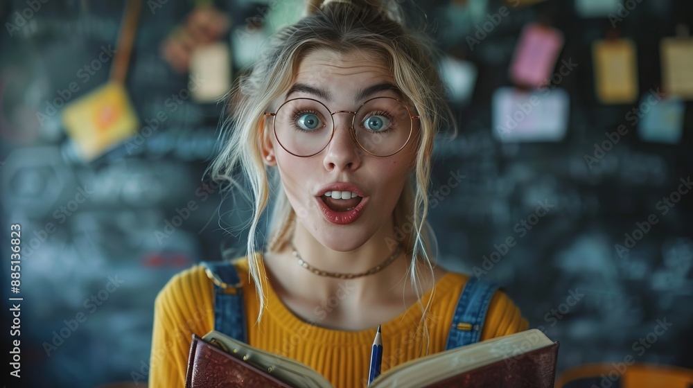 Portrait of happy crying shocked expression blonde woman teacher ...