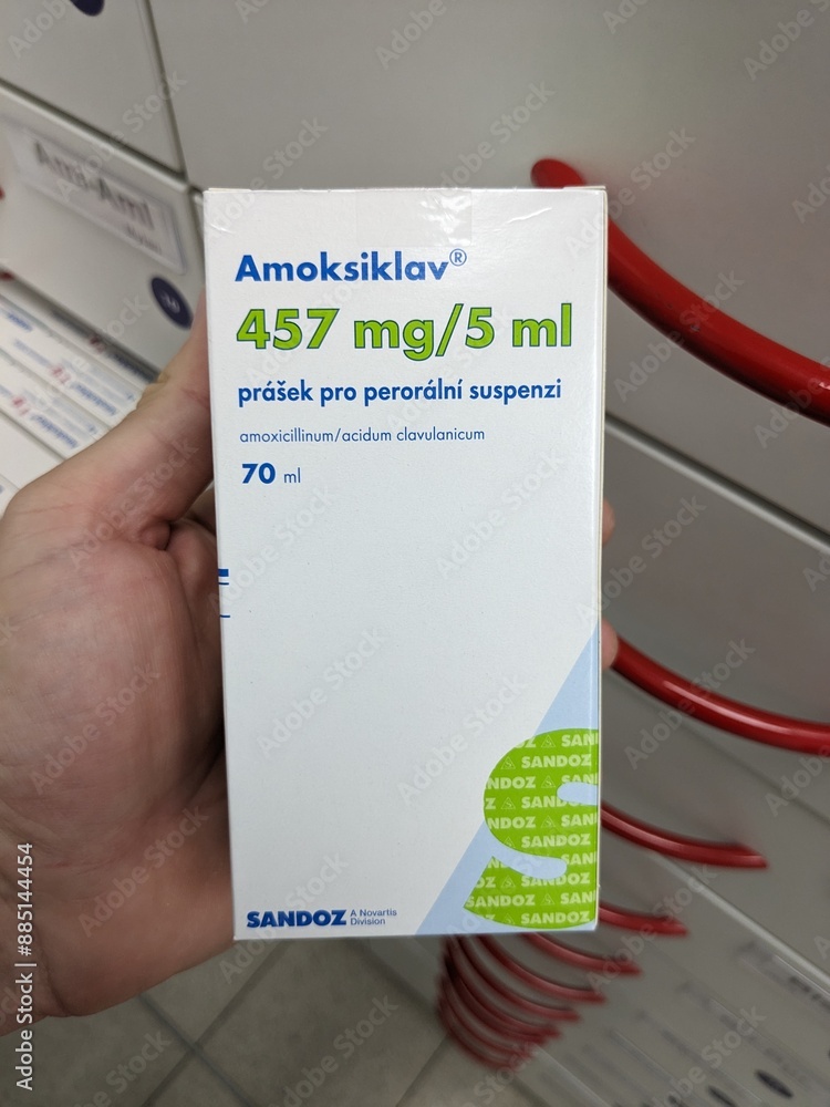 Prague, Czech Republic - July 10 2024: AMOKSIKLAV box of medication ...