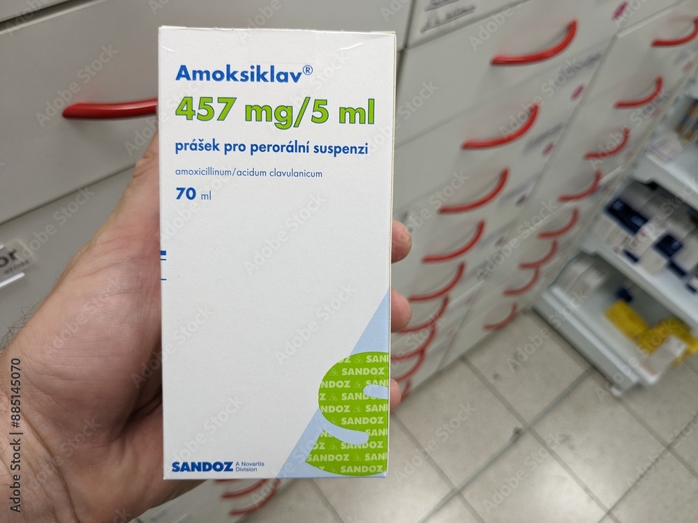 Prague, Czech Republic - June 28, 2024: AMOKSIKLAV box of medication ...