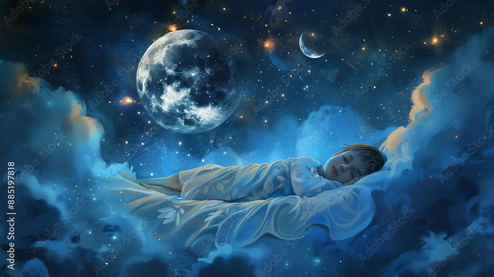 Beautiful little princess sleeping peacefully under the blanket with ...