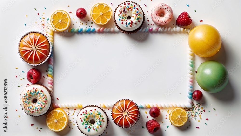 White background with frame of sweets, cakes, top view, creative ...