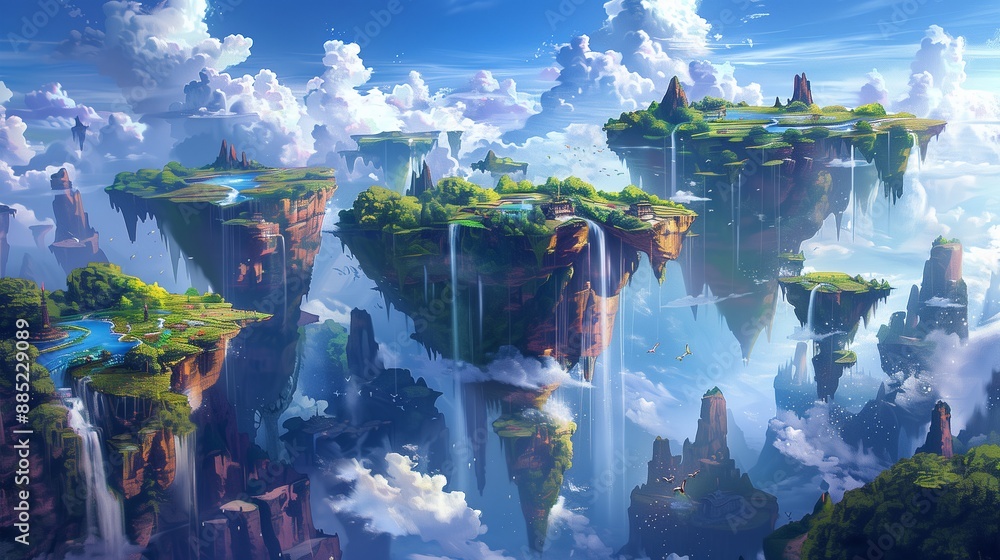 Ethereal Floating Islands with Waterfalls in a Magical Landscape Stock ...