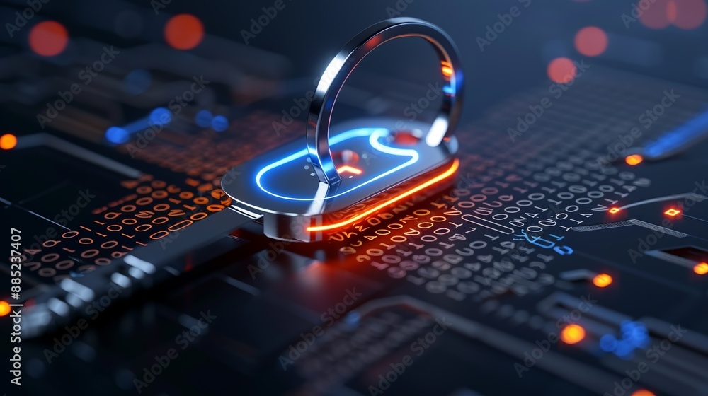 Futuristic graphic of a digital key with binary code, symbolizing encryption, security keys, and ...