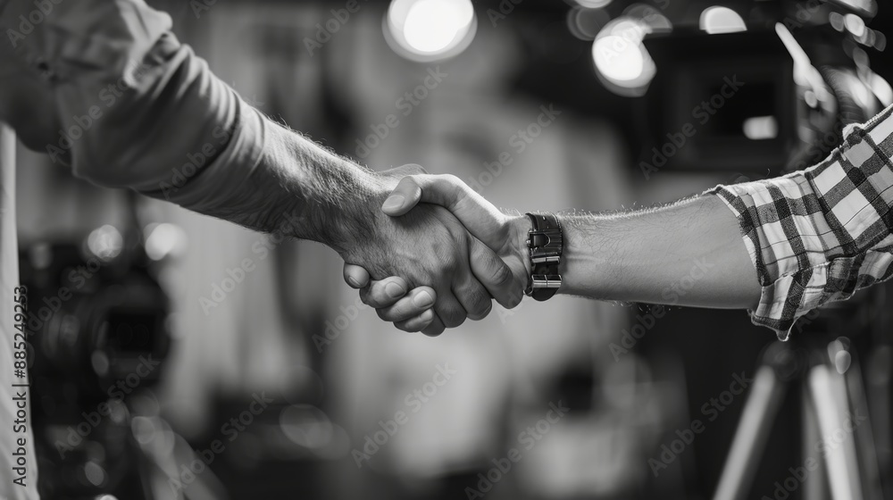 Two filmmakers shaking hands on a movie set in black and white ...