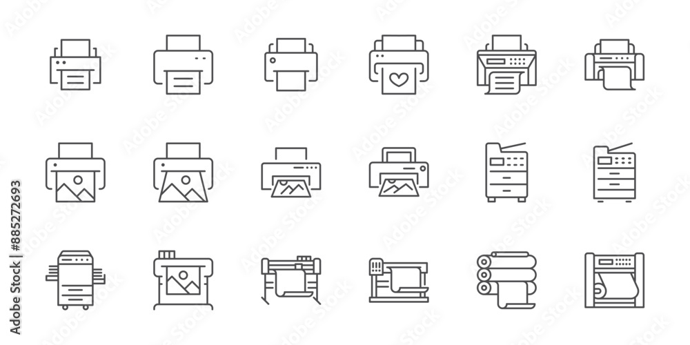 Printer line icon set. Large format printing, plotter, scanner, cutting ...