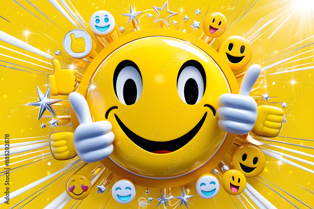 Ilustración de Stock Smiley face surrounded by positive symbols, thumbs ...