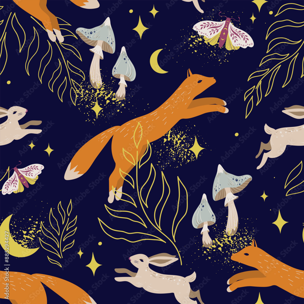 Magical forest vector seamless pattern with red fox, rabbits ...