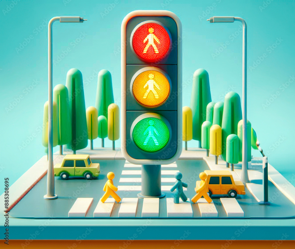 3d cartoon traffic light at a pedestrian crossing. The concept of ...
