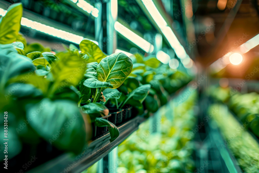 An array of plants growing indoors in a vertical farming setup ...