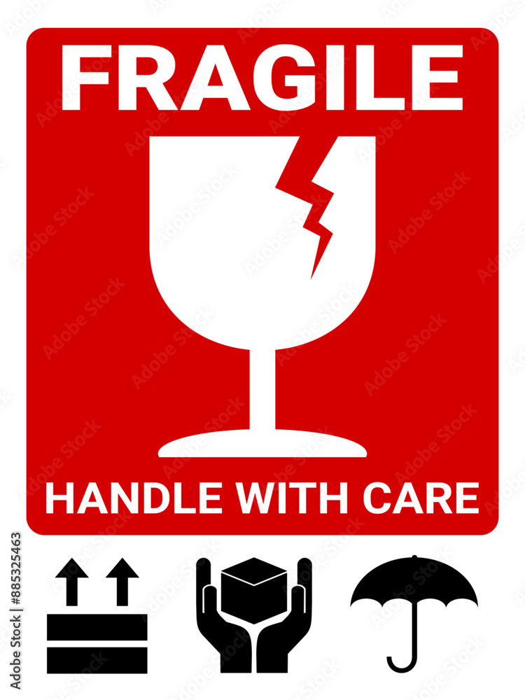 sticker fragile handle with care, red fragile warning label with broken ...