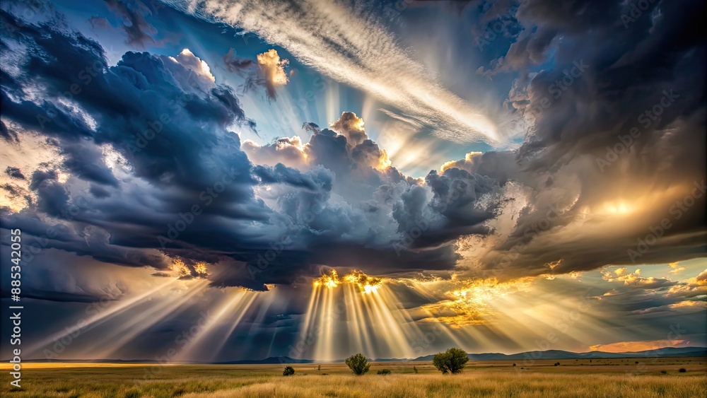 Dramatic landscape with crepuscular rays piercing through dark storm clouds , Stormy, sunlight ...