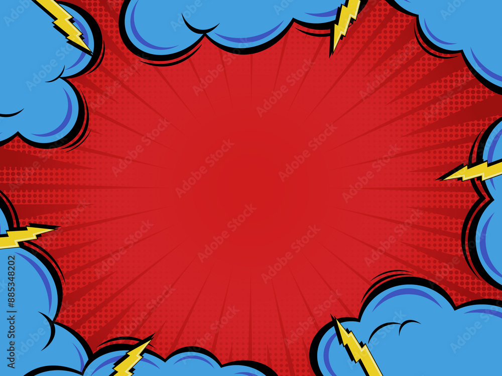 red comic book background yellow flashes and blue clouds vector ...