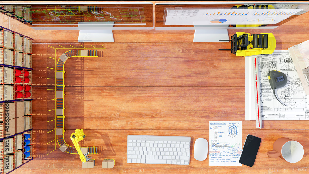 3D render: Production engineer use models made production line layout ...