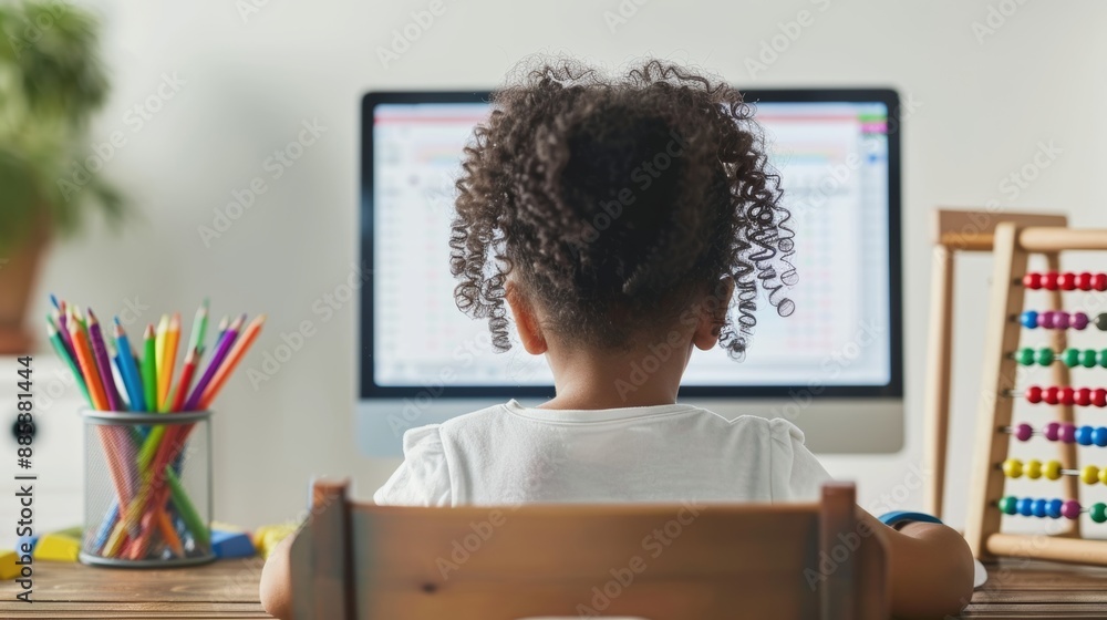 Online learning, laptop screen and youngster with math, school website ...