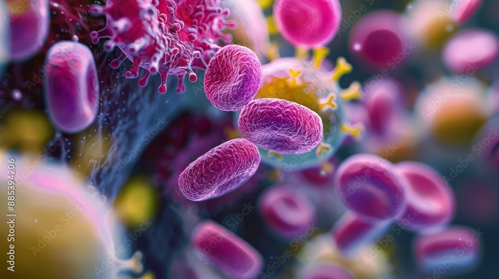 Microscopic view of pathogenic bacteria interacting with human immune ...