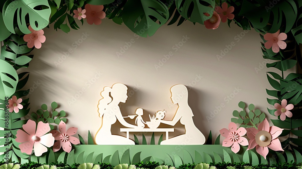 Paper cut illustration of a family enjoying a picnic in Golden Gate Park with lush greenery and ...