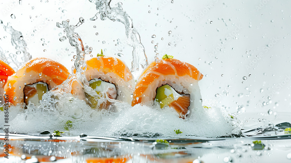 Floating sushi in the water on a white background, with bright details ...