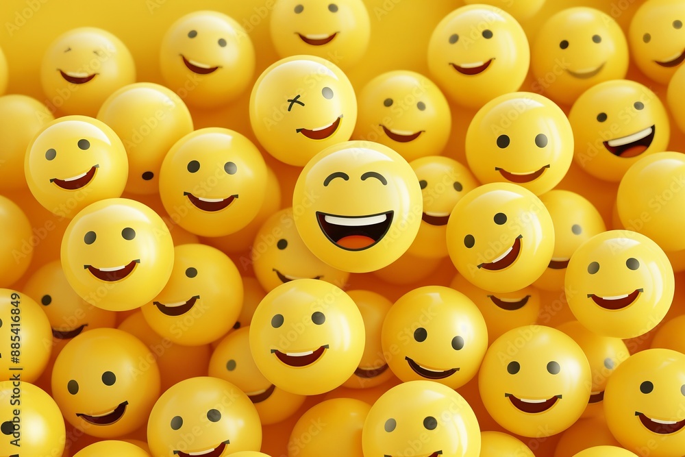 A bunch of yellow smiley faces with one of them having an X on it. The ...
