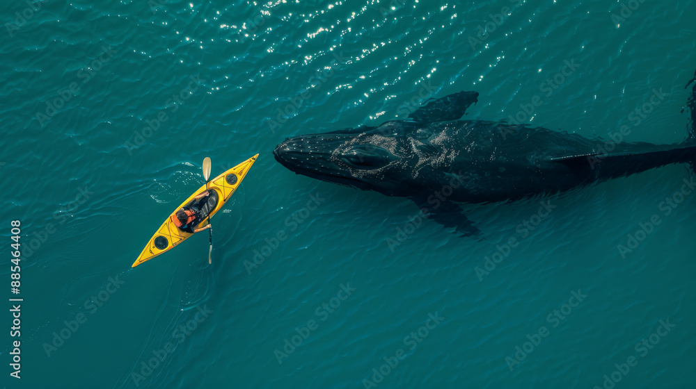 A yellow kayak sits next to a massive whale in the deep blue ocean ...