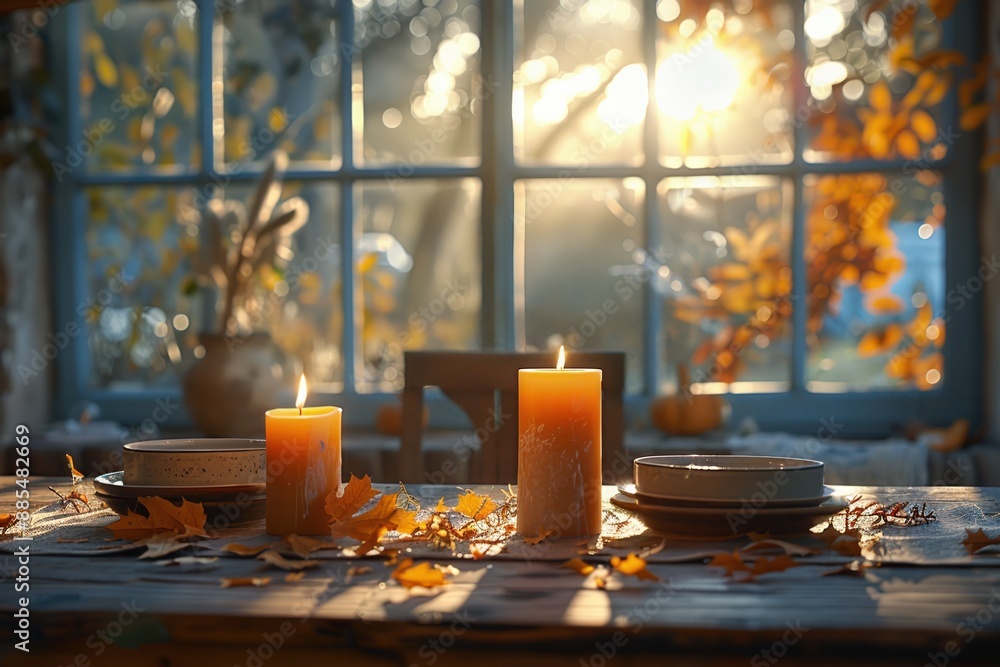 Cozy autumn table setup with lit candles and fall decorations, sun ...