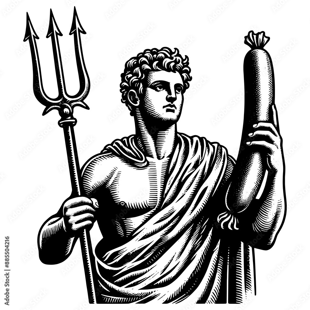 Poseidon holding a trident in one hand and a sausage on a stick in the ...