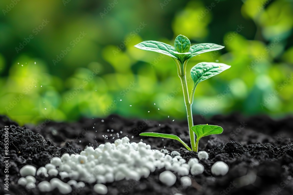 White granulated fertilizer scattered near little young green plant ...