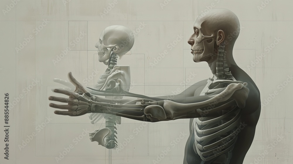 A man with visible skeleton stands with his arm extended, facing a ...